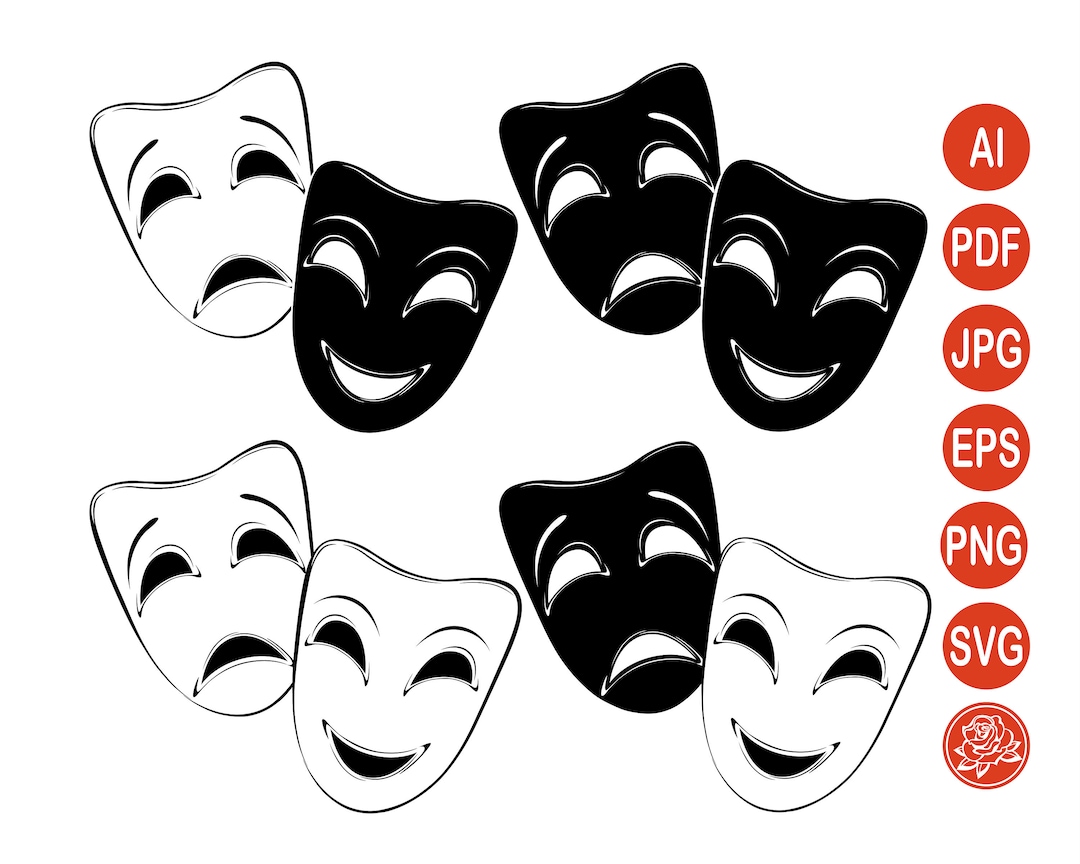 Theatrical Mask Tragedy and Comedy for Cutting SVG, Masks Silhouettes ...