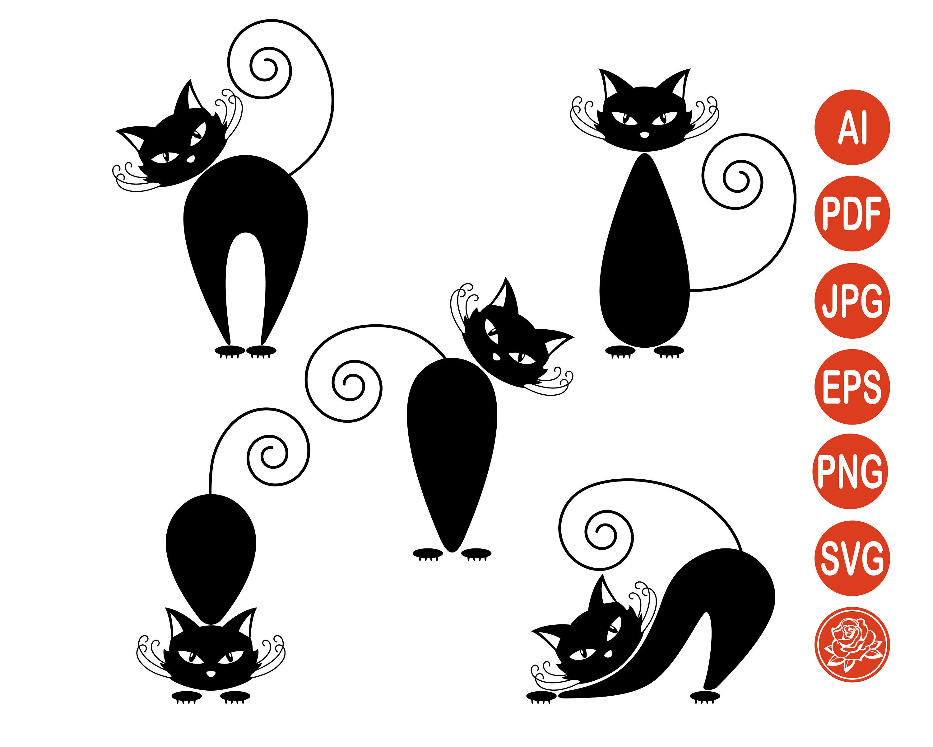 Funny Black Cats Clip Art SVG Cute Drawing Black Cat PNG | Etsy