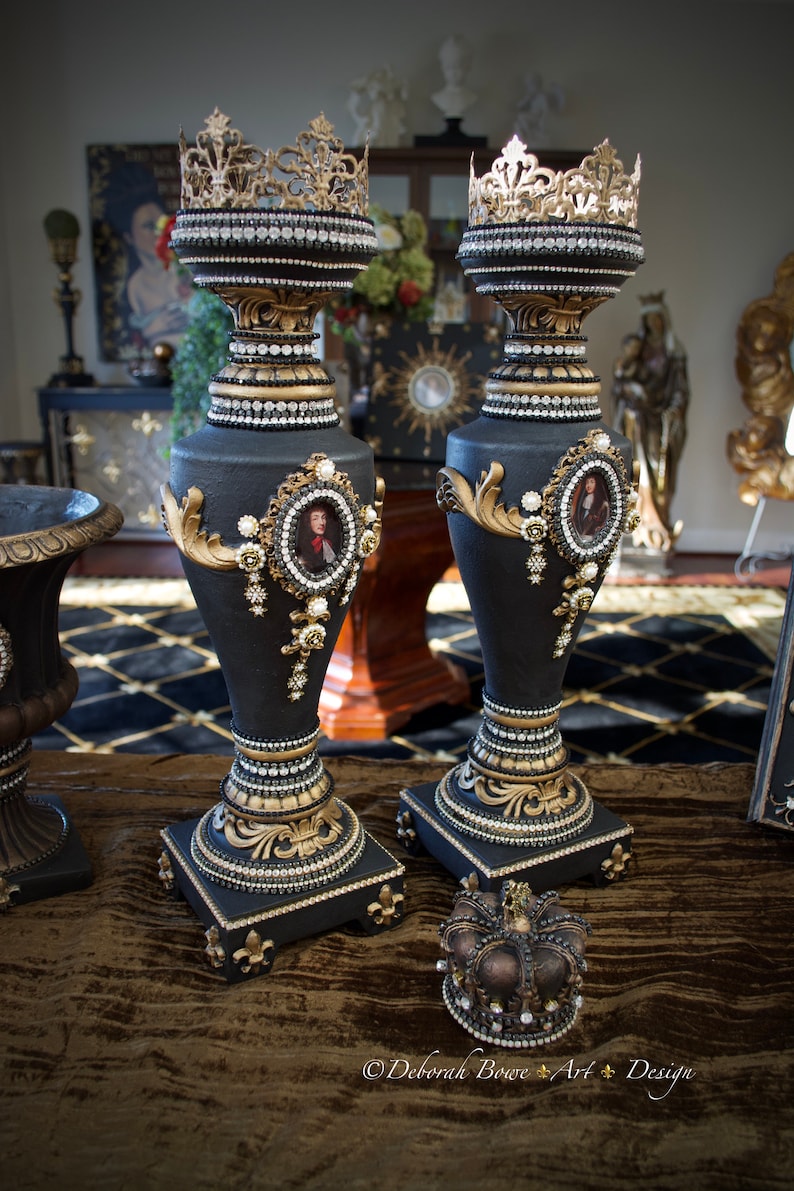 French Decor Louis XIV Handmade Large Decorative Jeweled Crowned Candle ...