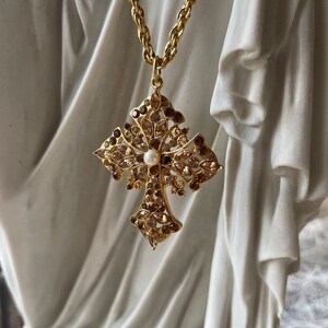 Designer Baroque Cross and Long Rope Necklace, Gold Tone With Pearls ...