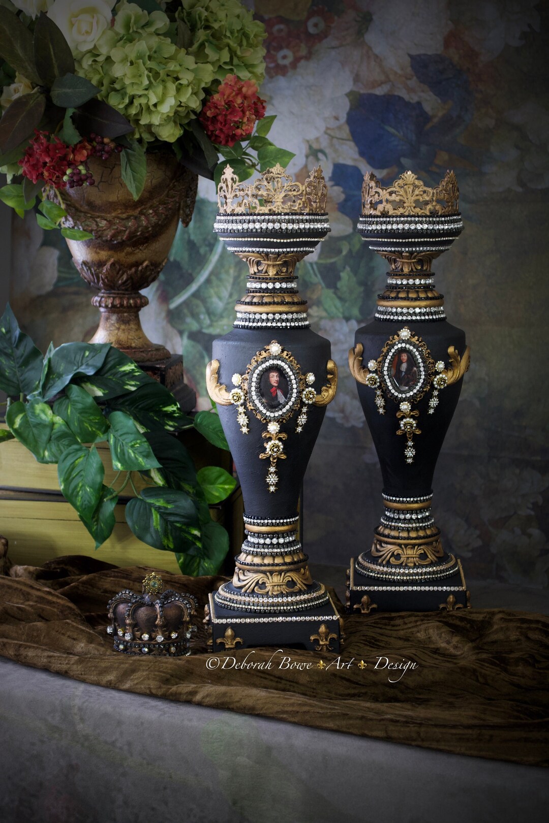 French Decor Louis XIV Handmade Large Decorative Jeweled Crowned Candle ...