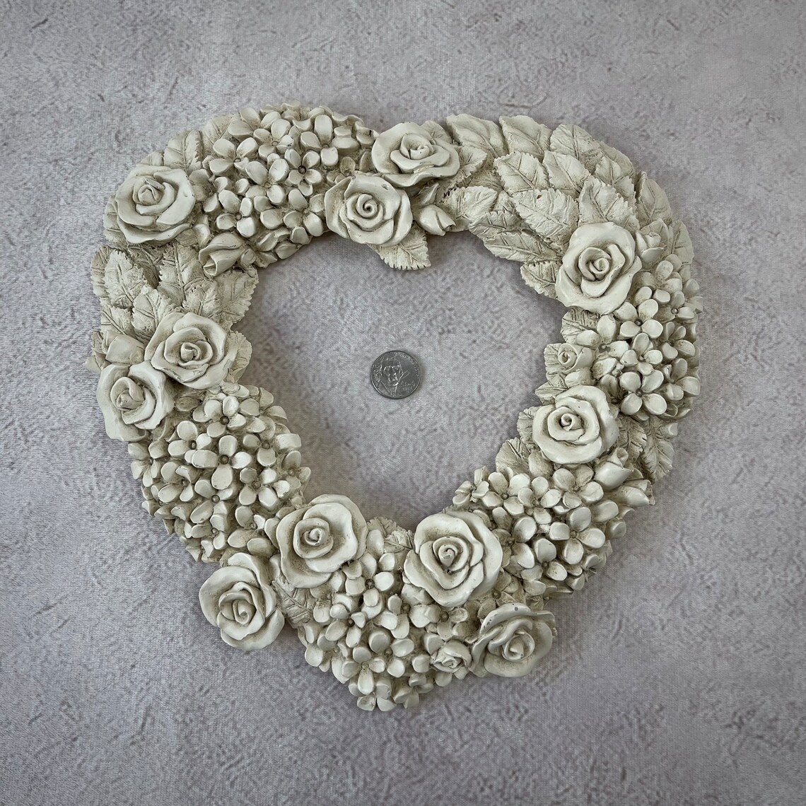 Shabby Chic Plaque Heart Shaped Sculpted Flower Wreath Bas Relief Wall ...