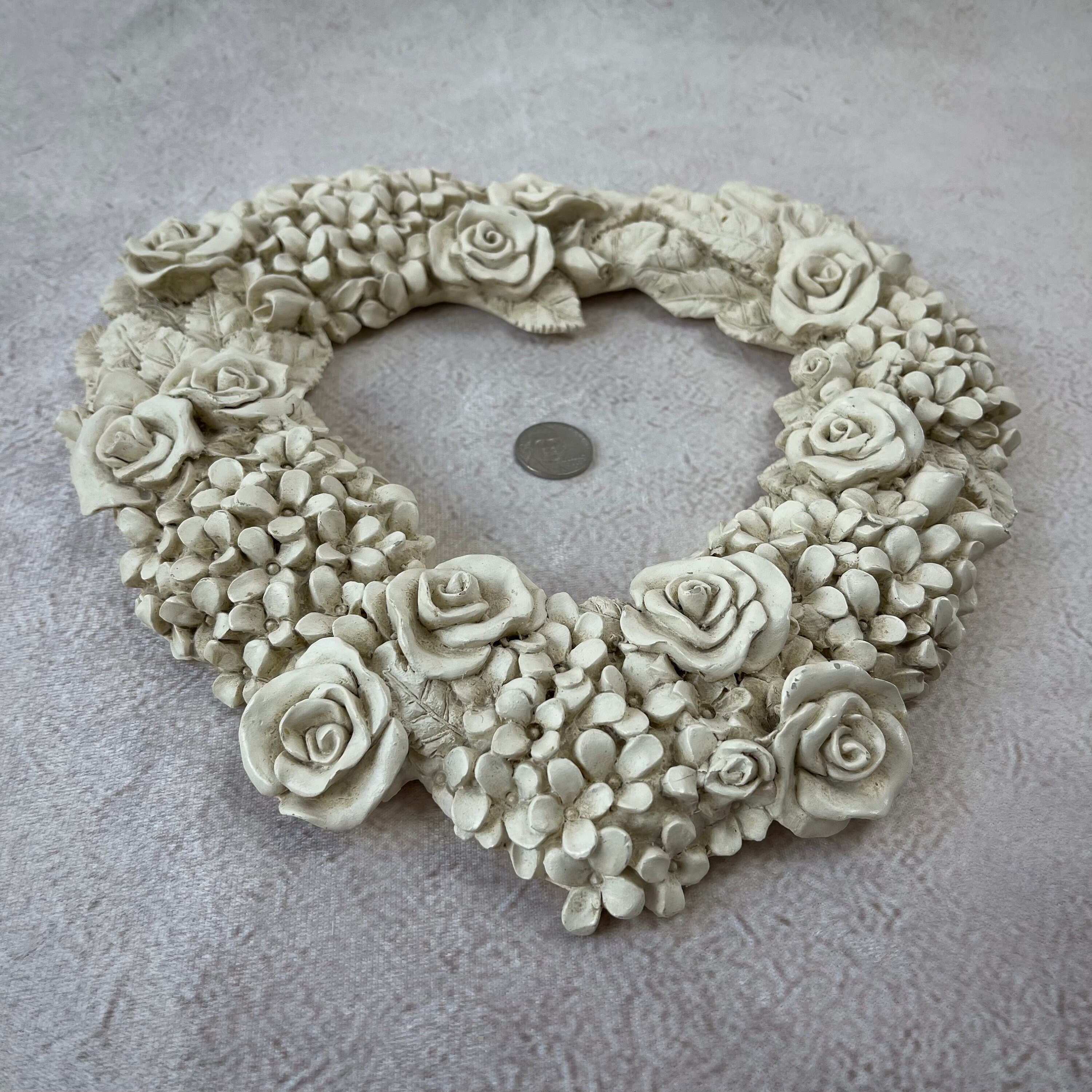 Shabby Chic Plaque Heart Shaped Sculpted Flower Wreath Bas Relief Wall ...