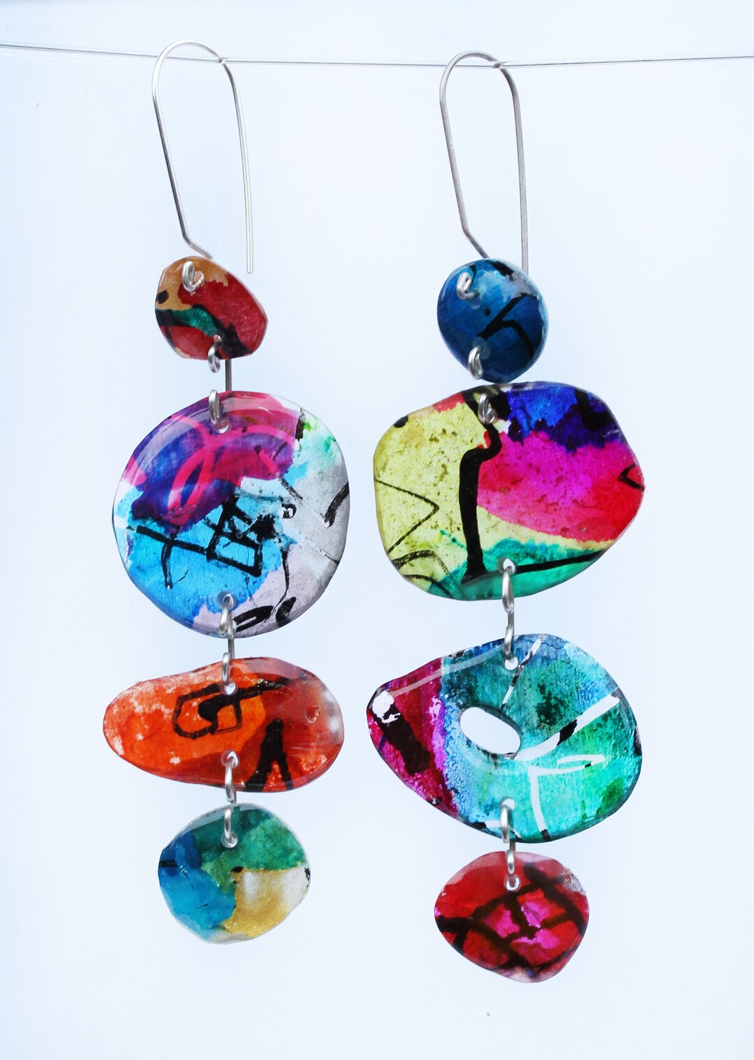 Long Colorful Mismatched Resin and Silver Earrings With Line Drawings ...