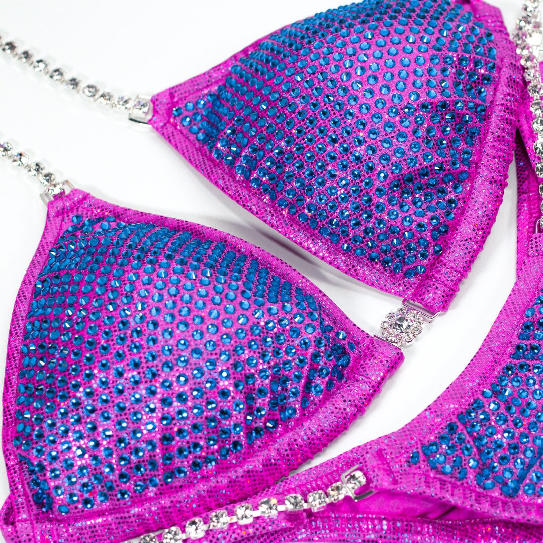 Hot Pink NPC Competition Bikini W/ Sapphire Blue Crystals-1/2 - Etsy