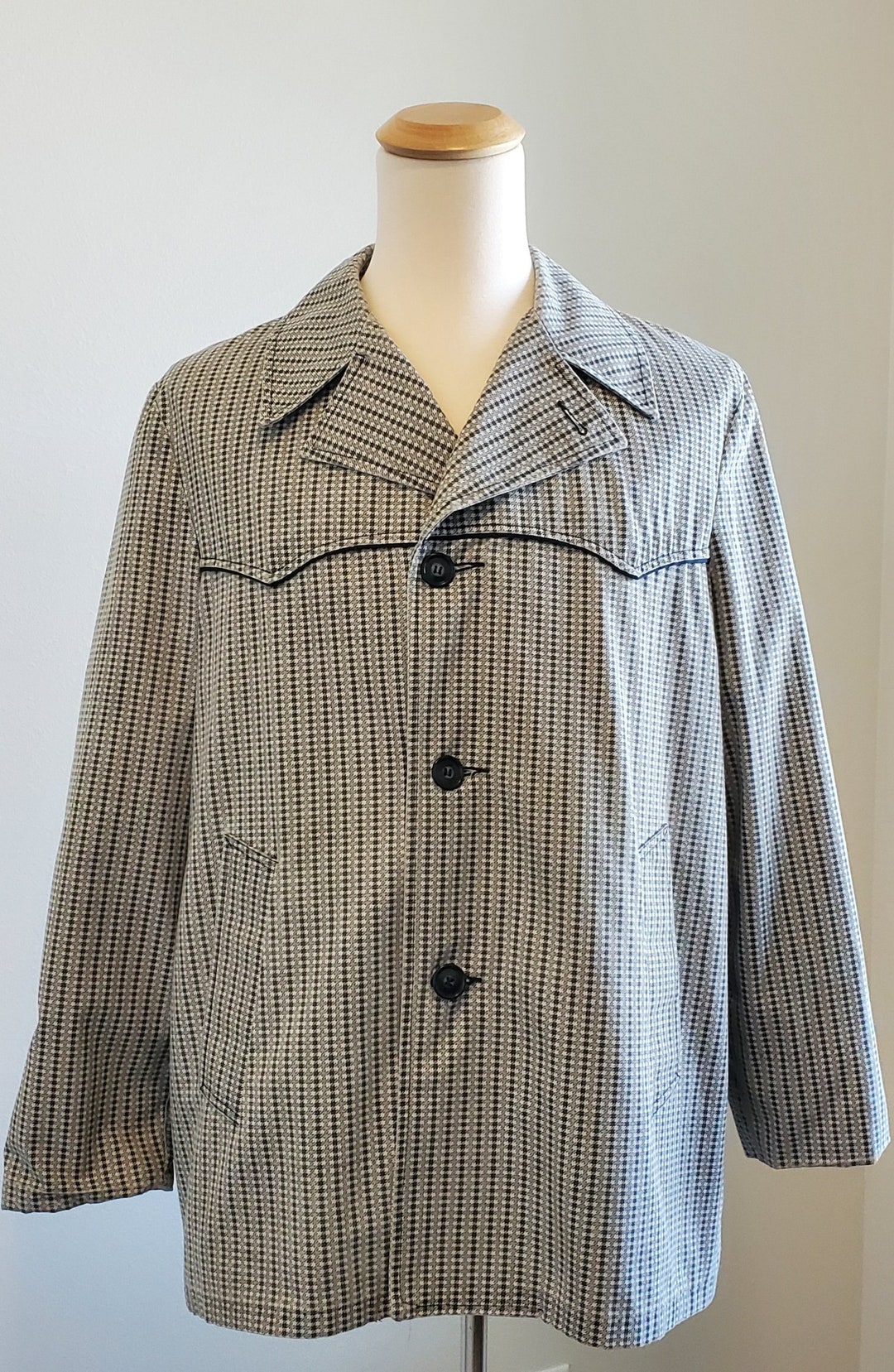 1970s NPC Gray Hound Tooth Western Yoked Mid Length Trench Coat ...