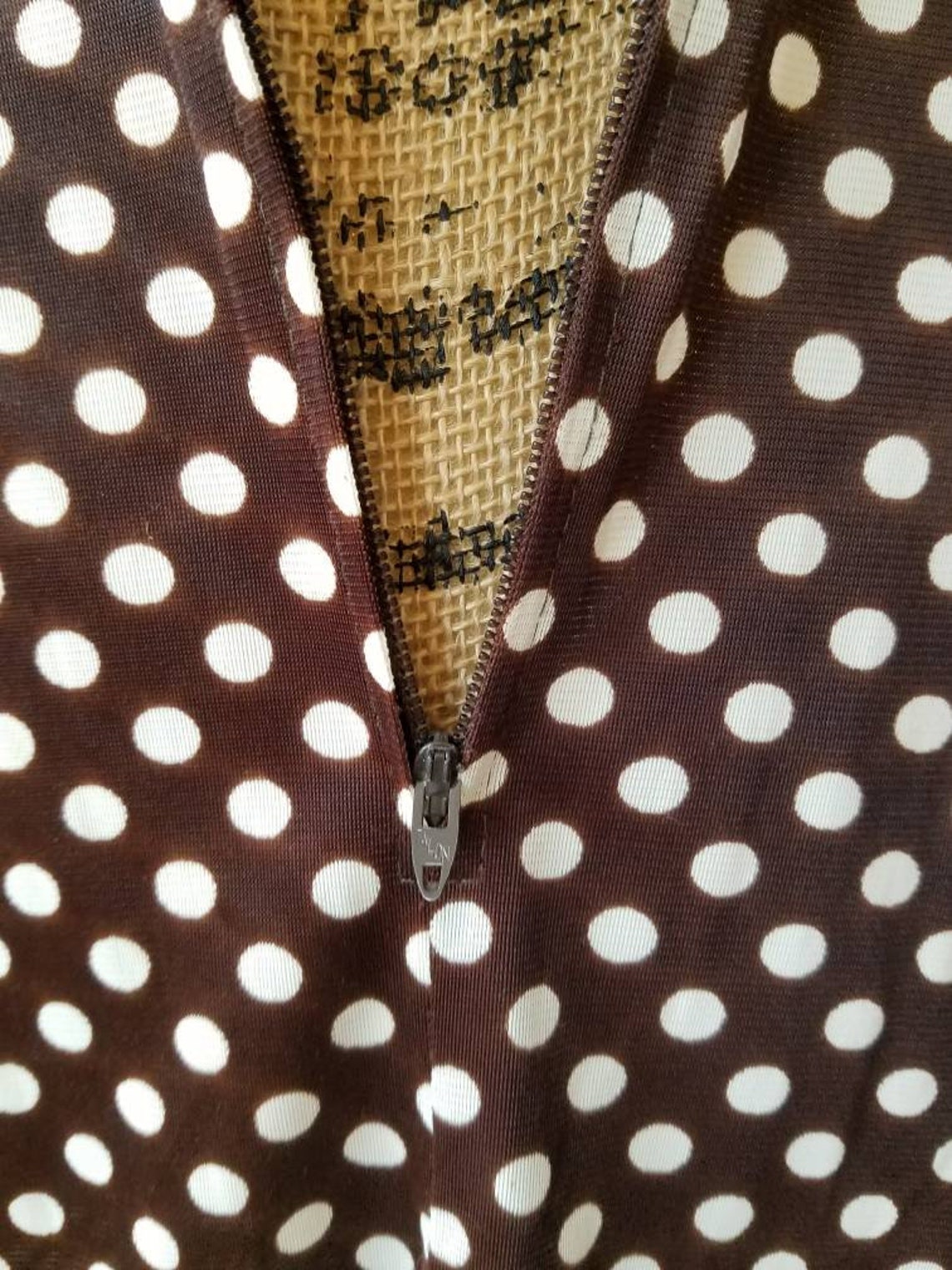 1970's Lady Carol of New York Brown and White Polka Dot Zip Front Dress ...
