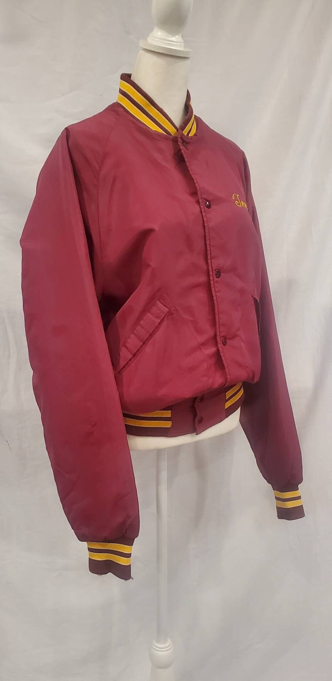 1970s Pla-jac by Dunnebrooke Maroon Rayon Bomber Jacket With Yellow ...