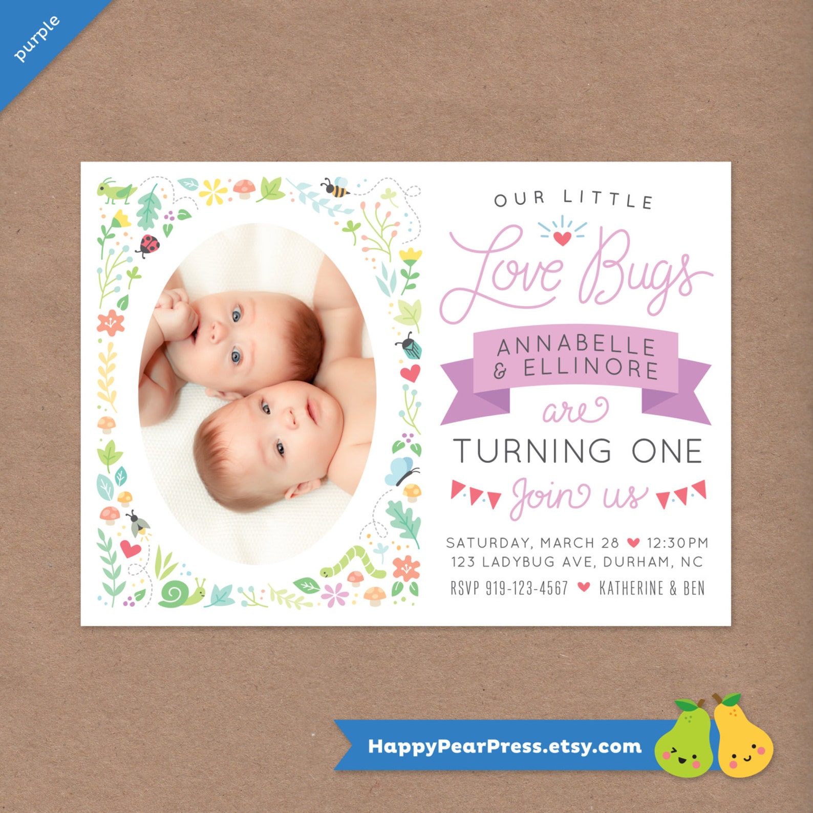 Twin Love Bugs Printable Photo Birthday Party Invitation any - Etsy