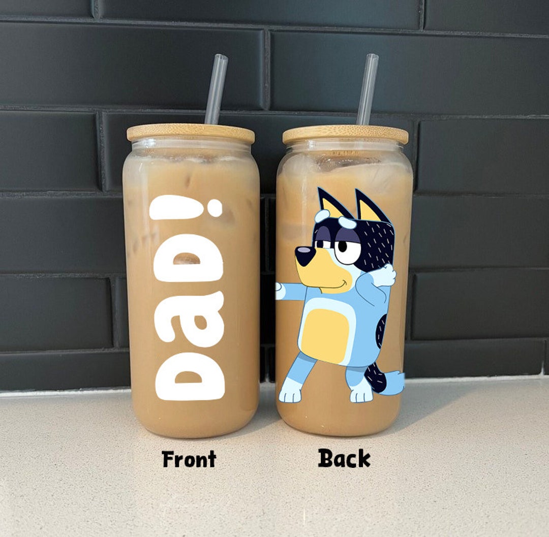 Personalized Dad Bluey Iced Coffee Cup, Bluey Glass Can, Bluey Cup With ...