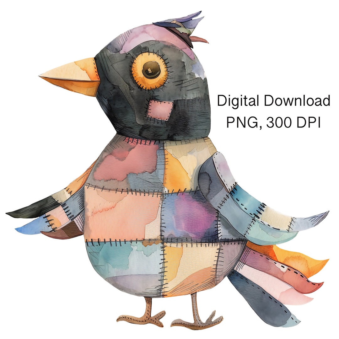 Patchwork Crow Clipart, Digital Download, Printable Watercolor Clipart ...