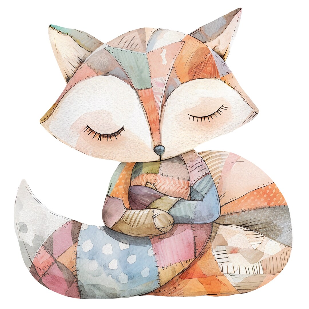 Patchwork Fox Clipart, Digital Download, PNG Watercolor Clipart, Paper ...