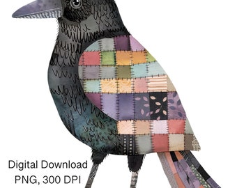 Patchwork Crow Watercolor Clipart Crow Spring Bird PNG Commercial Use ...