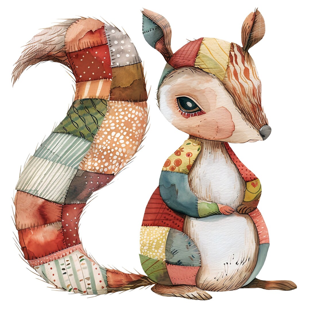 Patchwork Squirrel Clipart, Digital Download, PNG Watercolor Clipart ...