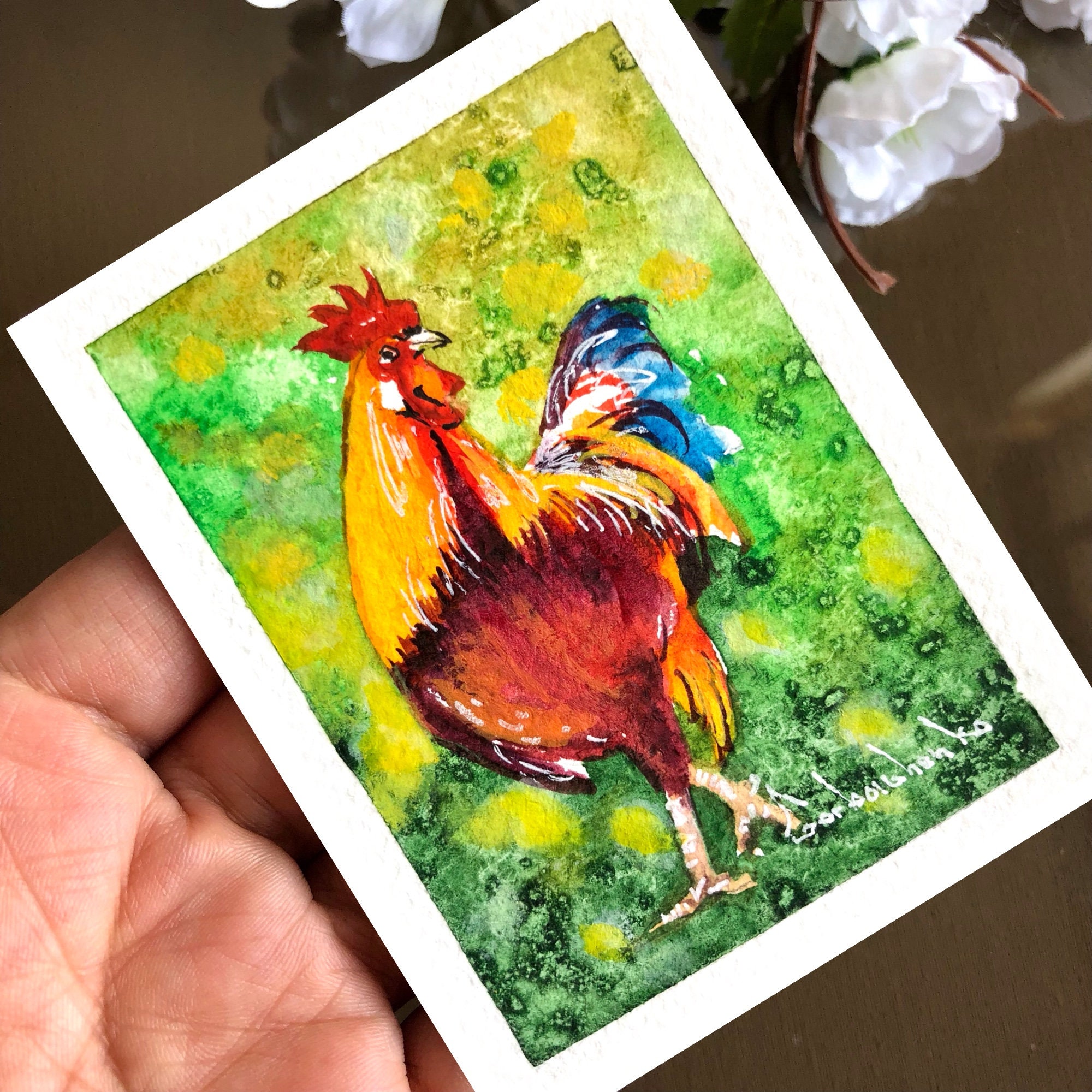 Aceo Original Art, Rooster Original Watercolor Painting, Miniature Aceo ...