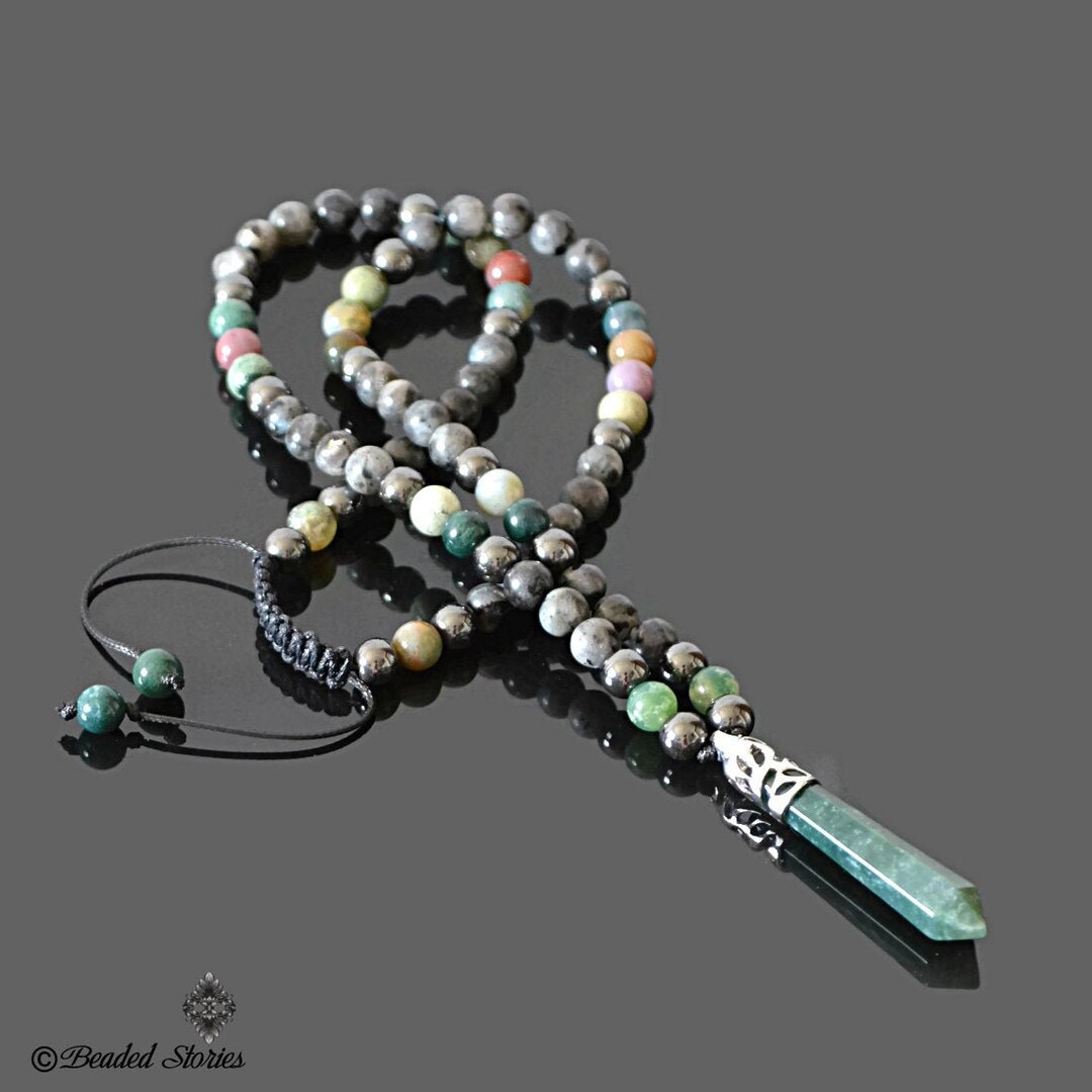 Natural Gemstone Necklace for Men Indian Agate Hematite & Labradorite ...