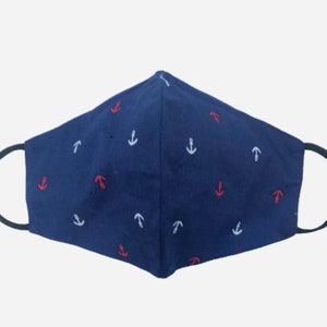 Navy Blue Nautical Anchor Print Cotton Face Mask With Nose Wire Cloth ...