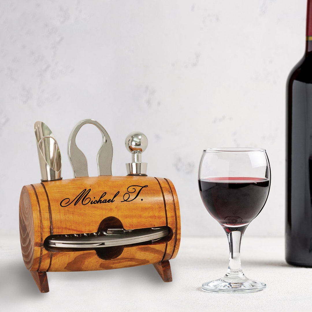 Personalized 4 Piece Wine Tool Set - Barrel Decor - Custom Wine Gift ...