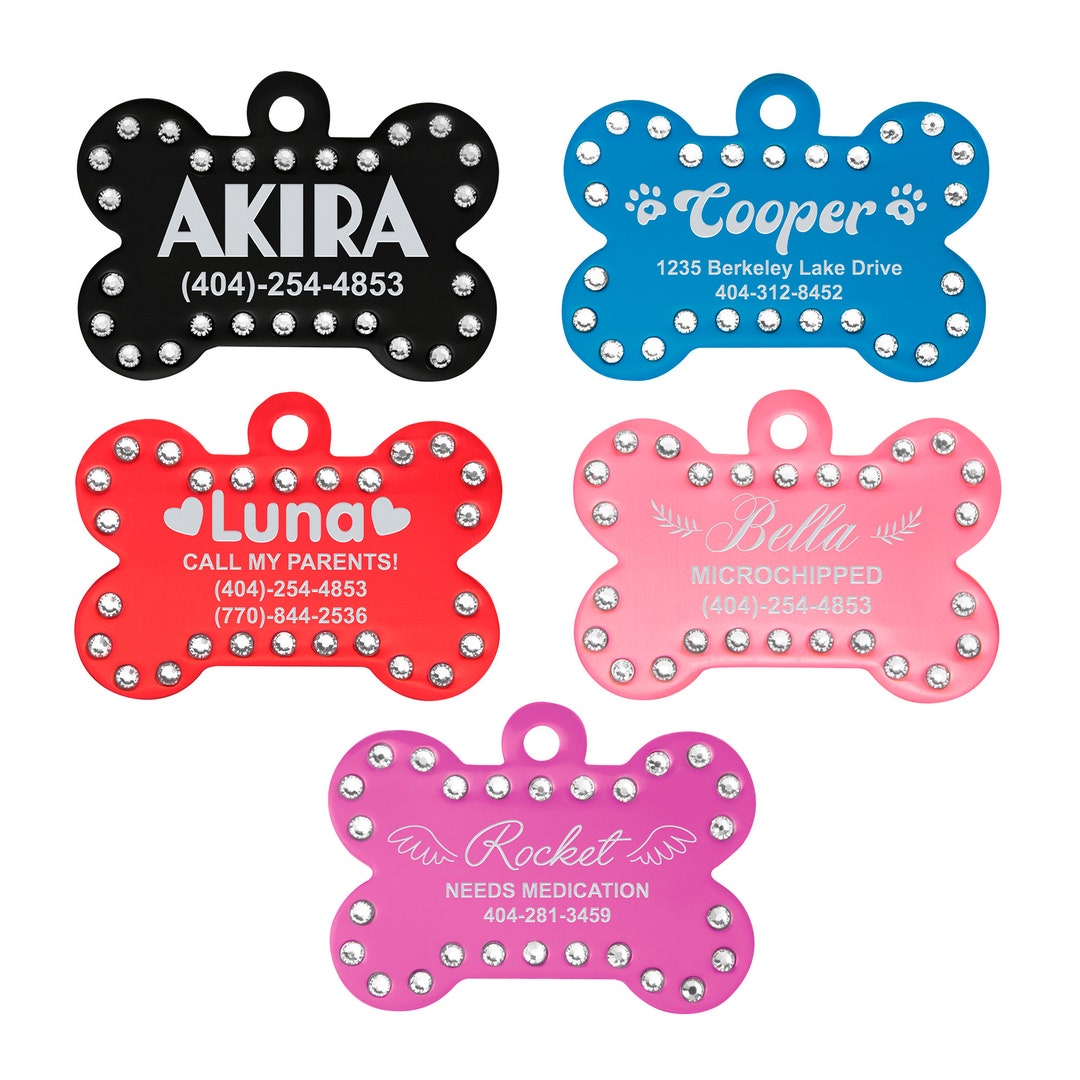 Personalized Bling Bone Pet ID Tag: Engraved Aluminum With Swarovski ...