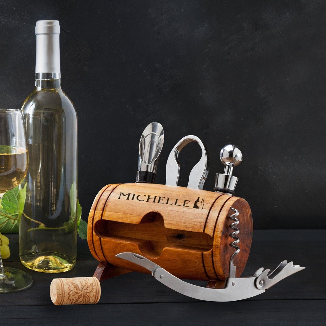 Personalized Two Bottles 4 Piece Wine Tool Set- Barrel Decor - Custom ...