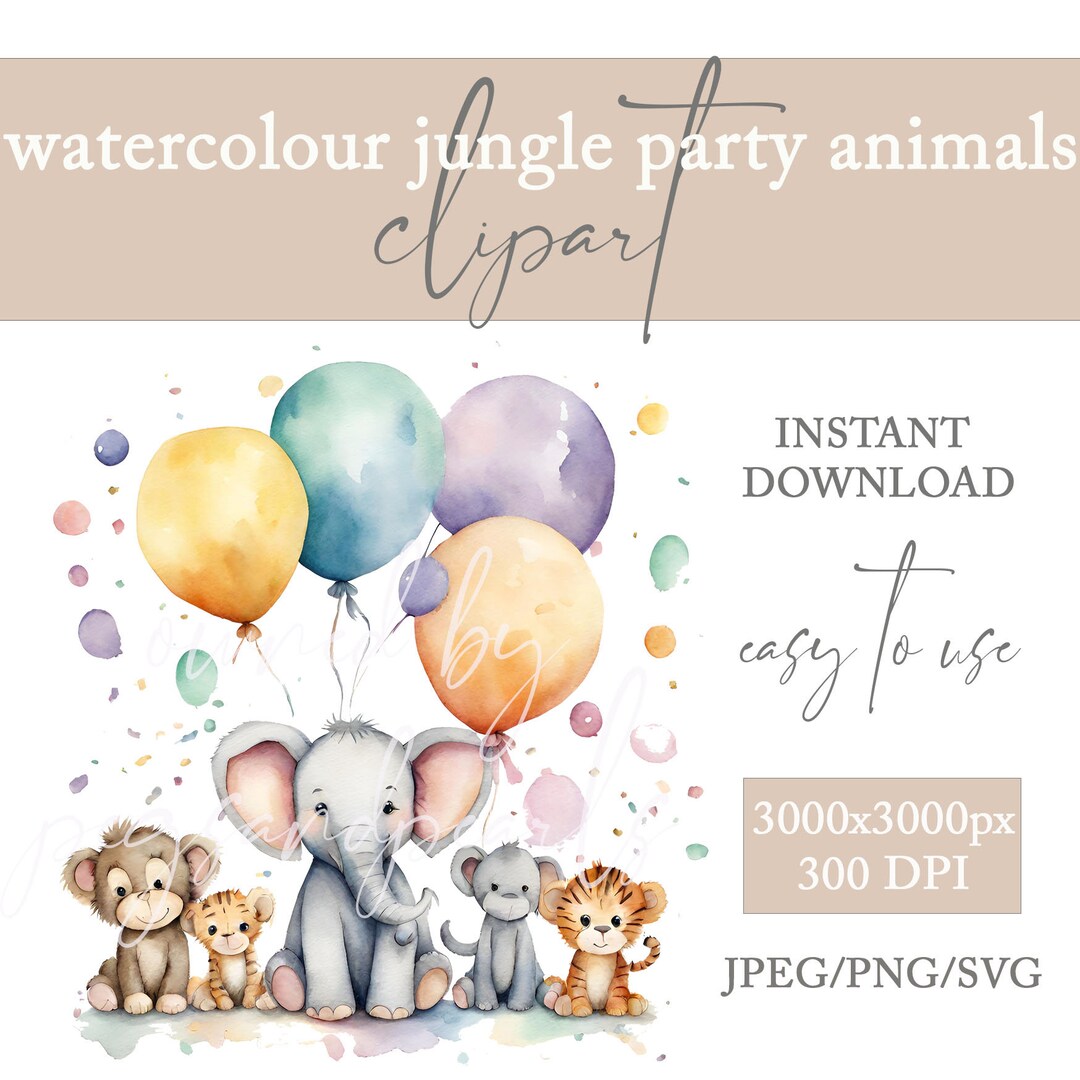 Watercolour Jungle Party Baby Animals Instant Digital Download Clipart ...