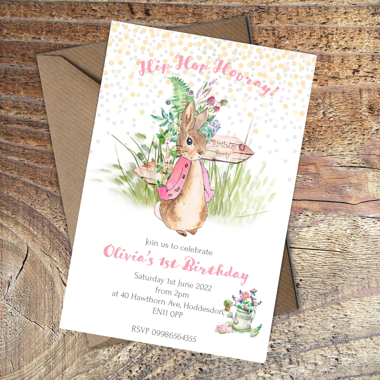 Printed Peter Rabbit 1st Birthday Invitations, Flopsy Pink Rabbit ...