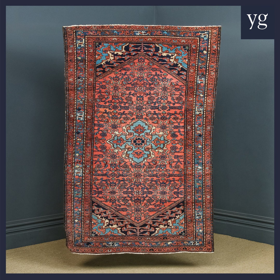 Antique Edwardian 6ft 6” by 4ft 4” Tribal Heriz Wool Red & Blue Floor ...