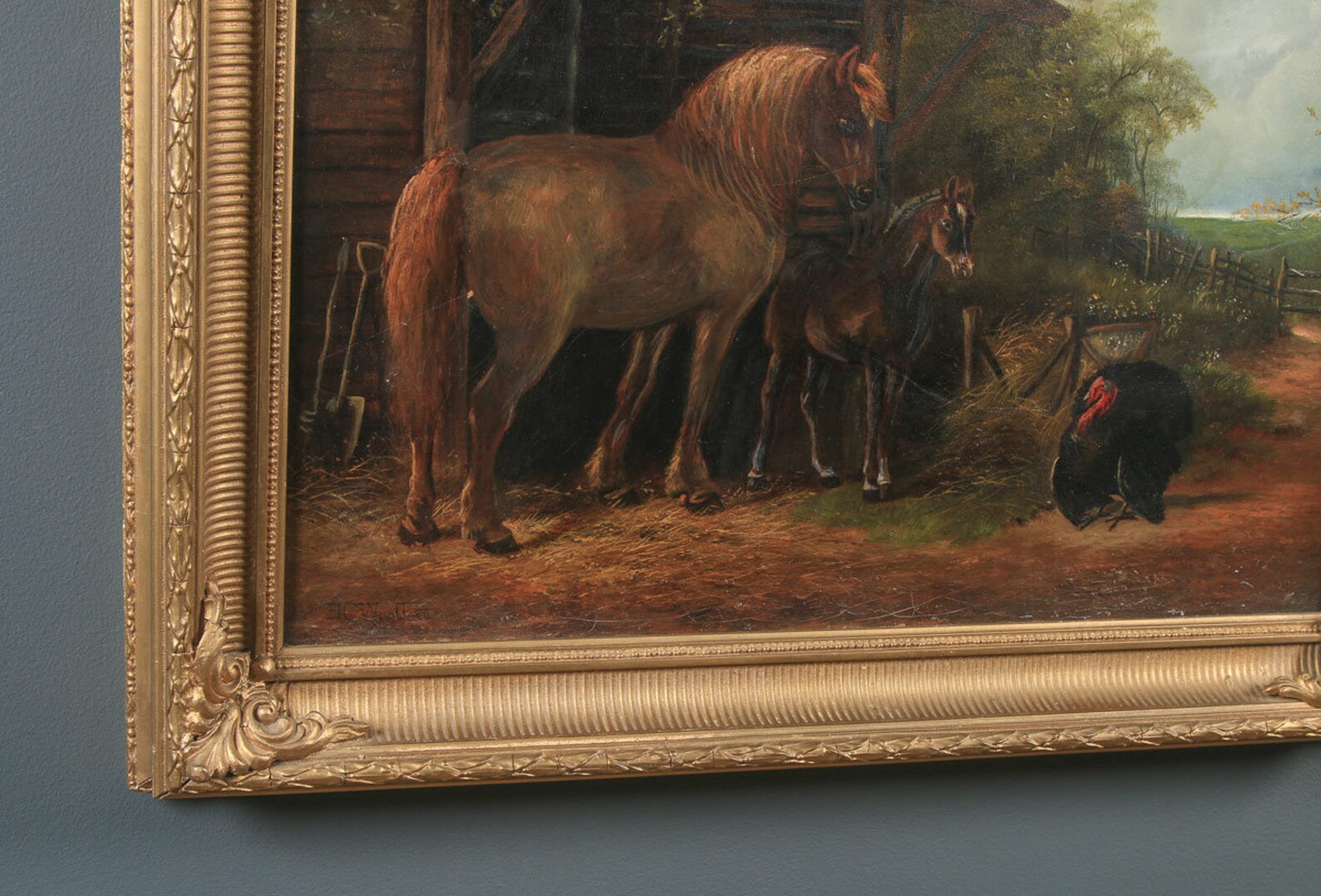 Antique English Victorian Oil Painting of Farmyard Horse Country Scene ...