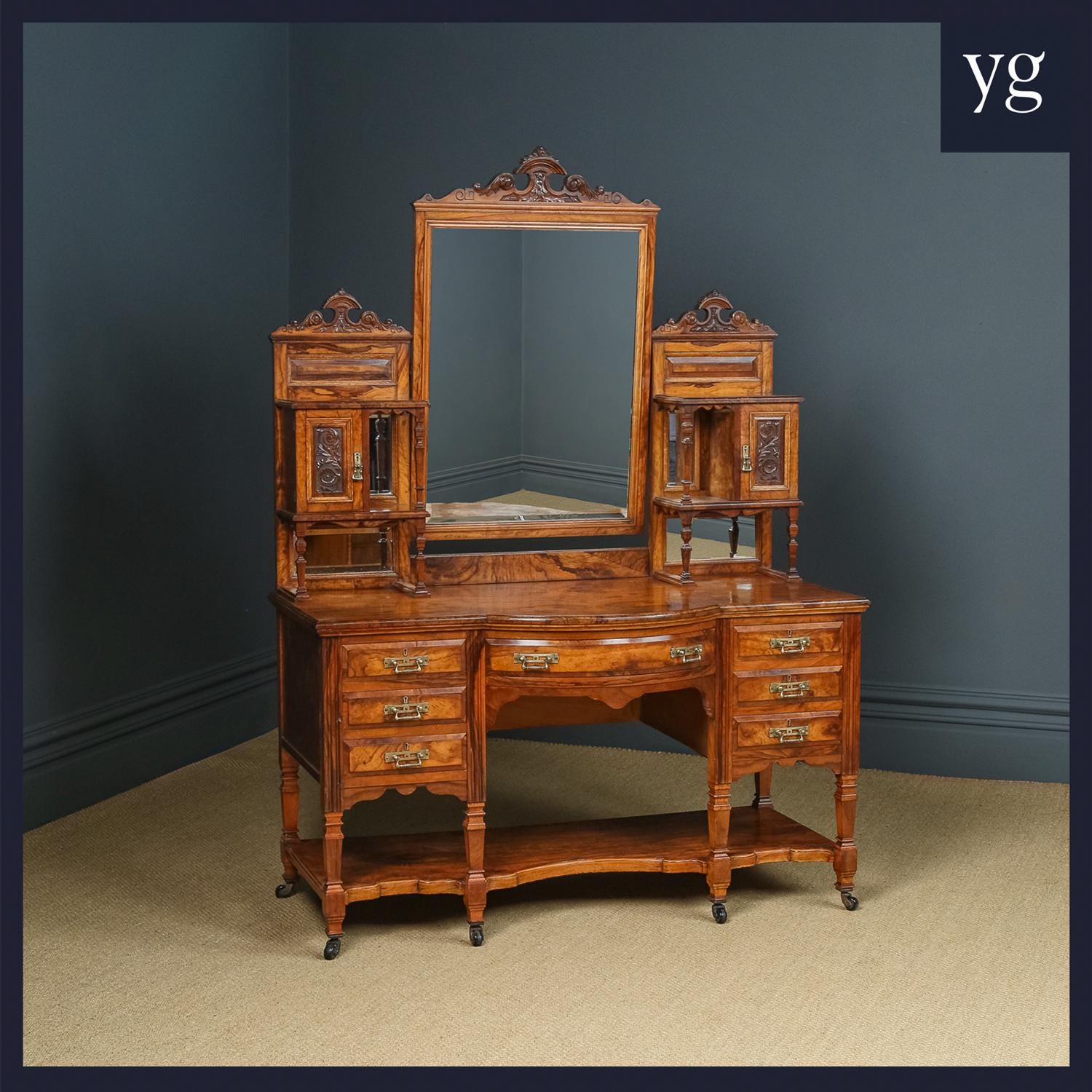 Antique English Victorian Aesthetic Maple Co. Olive Wood Dressing Table Vanity Unit With Mirrors Drawers circa 1880 Etsy
