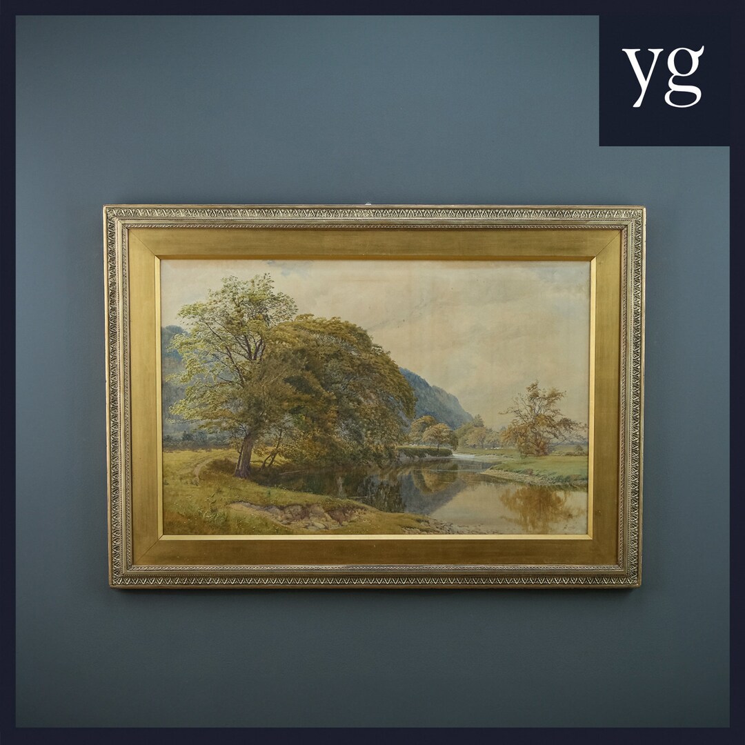 Large Antique English Victorian River Landscape Watercolour Painting ...