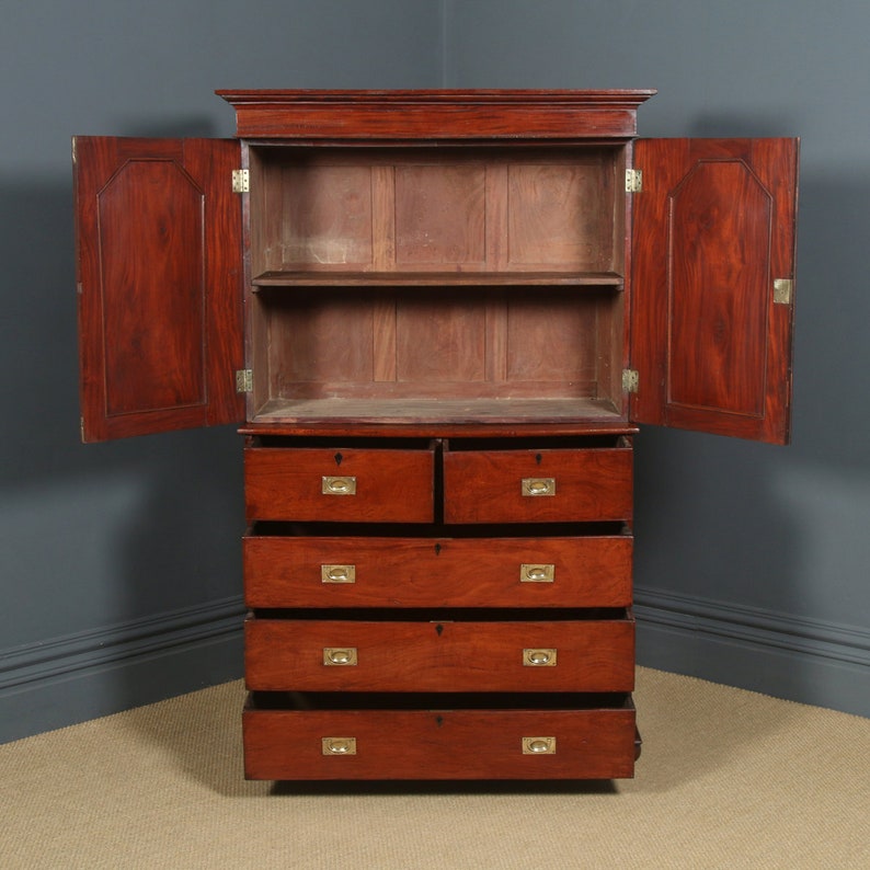 Antique Anglo-indian Victorian Teak Campaign Linen Press Chest Wardrobe ...