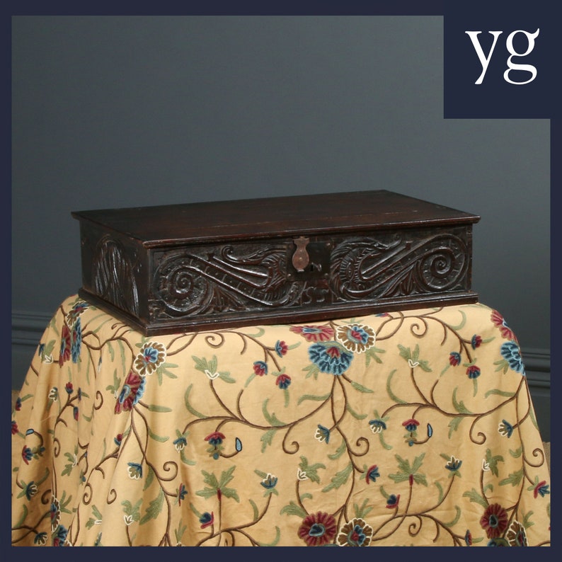 Antique English 17th Century Charles II Oak Carved Bible Box / Writing ...