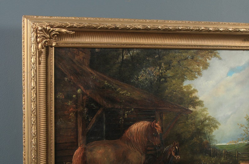 Antique English Victorian Oil Painting of Farmyard Horse Country Scene ...