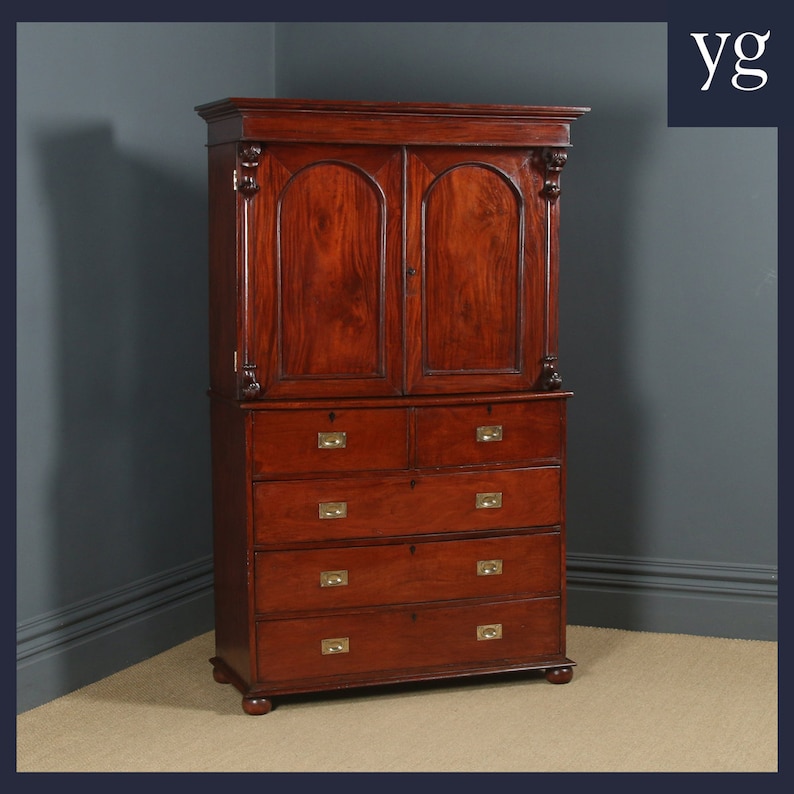 Antique Anglo-indian Victorian Teak Campaign Linen Press Chest Wardrobe ...