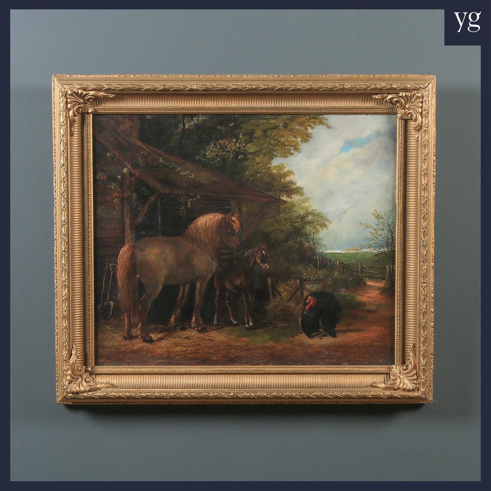 Antique English Victorian Oil Painting of Farmyard Horse Country Scene ...