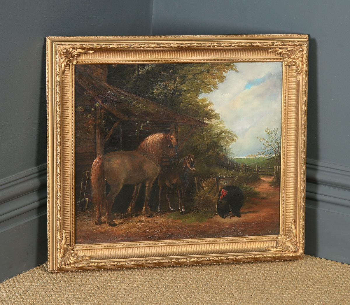 Antique English Victorian Oil Painting of Farmyard Horse Country Scene ...