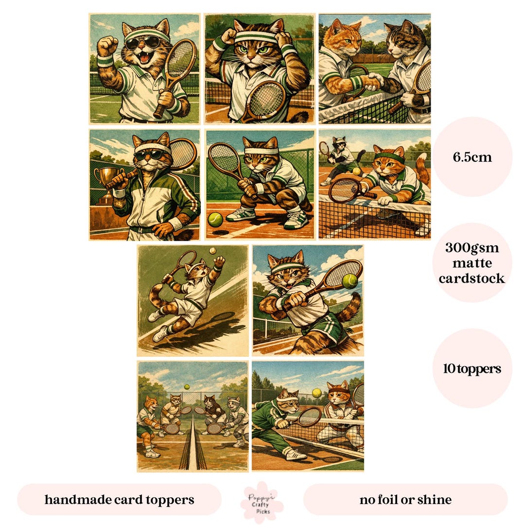 Funny Tennis Cat Card Toppers for Male Sports Card Making, Scrapbooking ...