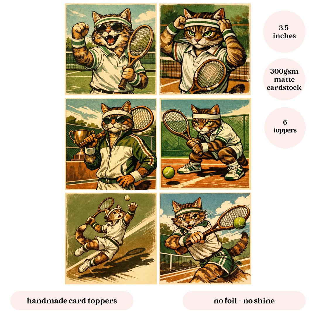 Tennis Cat Card Toppers for Card Making, Scrapbooking & Papercrafts (6 ...