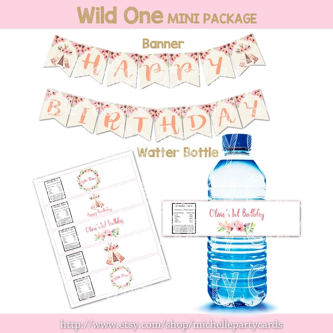 Wild One Mini Package, Banner, Water Bottle Label, Thank You Card, Wild ...