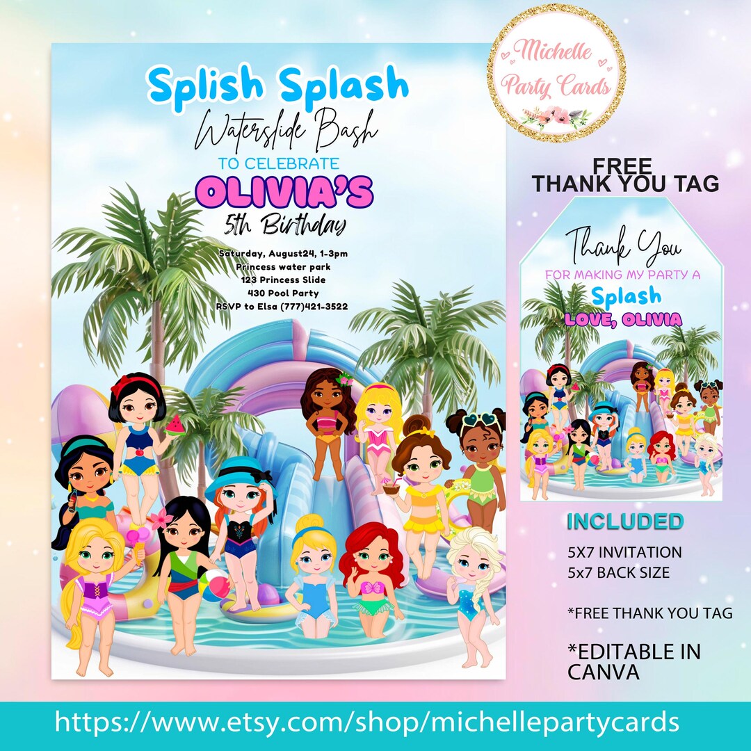 EDITABLE Water Park Princess Invitation, Waterslide Bash, Waterslide ...