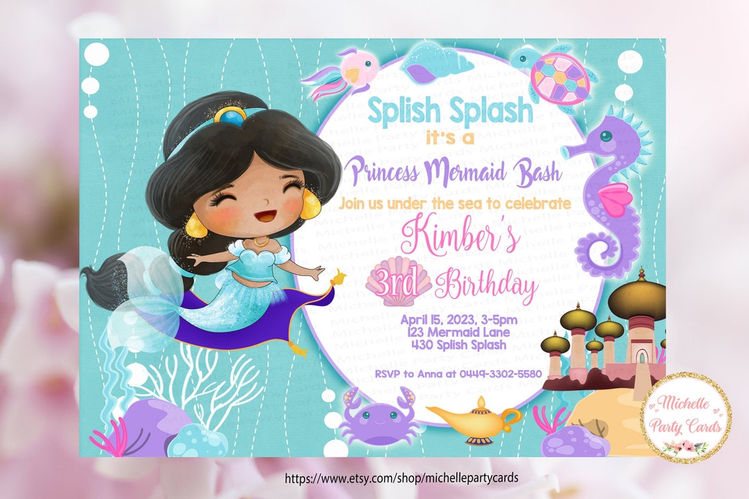 Jasmine Pool Party Invitation, Princess Invitation, Princess Pool Party ...