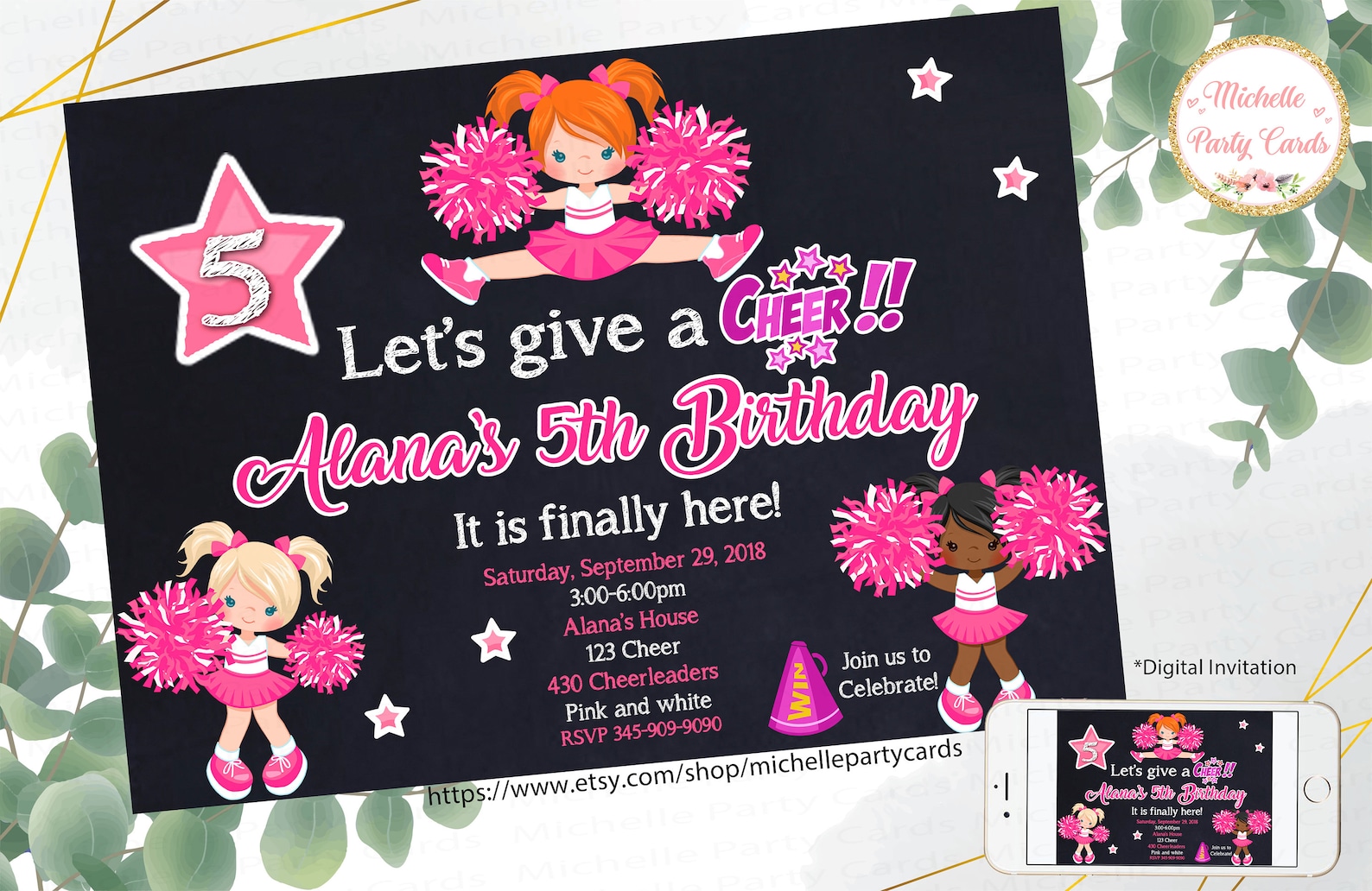 Cheerleader Party Invitation Cheer Invite Cheerleading | Etsy