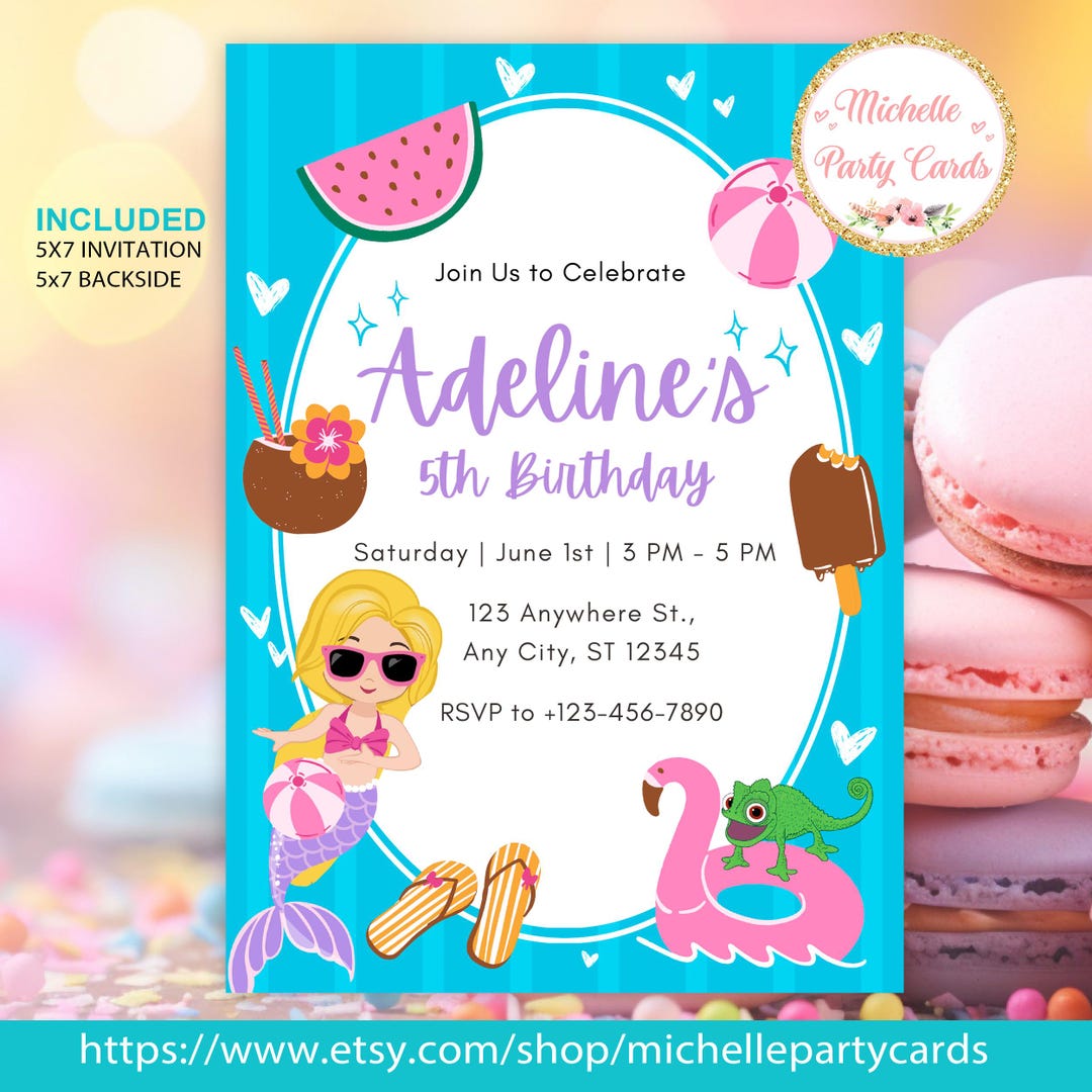 Rapunzel Mermaid Invitation, Rapunzel Birthday, Pool Party, Princess ...