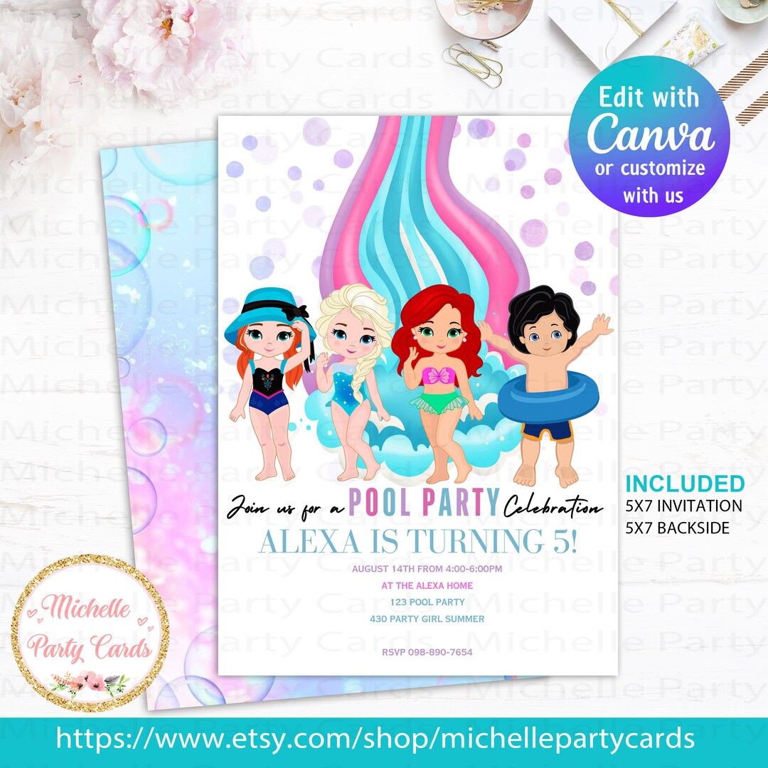 Princess and Prince Pool Party Invitation, Princess Invitation ...