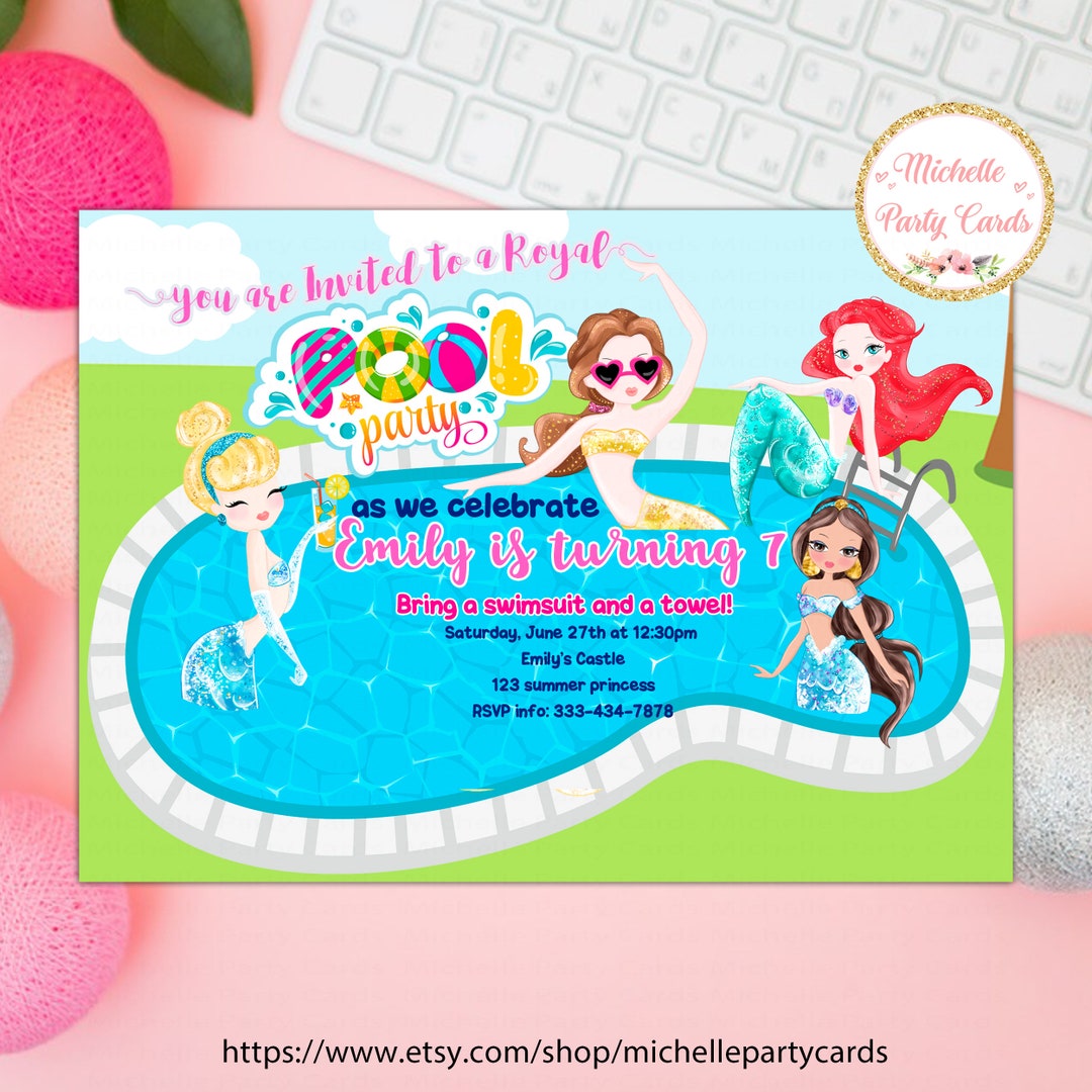 Princess Mermaid Pool Party Invitation Pool Party Birthday Invitation ...