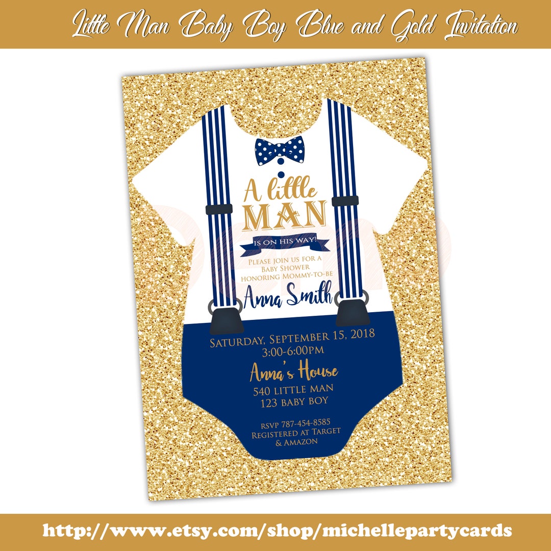 Little Man Invitation, Blue and Gold, Little Man Party, Little Man Boy ...