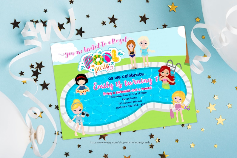 Princess Pool Party Invitation Princess Swim Party Princess | Etsy