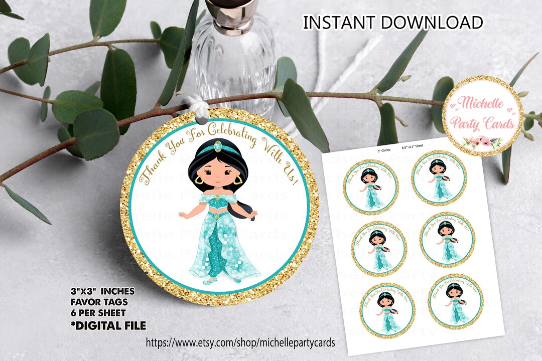 INSTANT DOWNLOAD, Princess Jasmine Favor Tag, Jasmine Thank You Tags ...