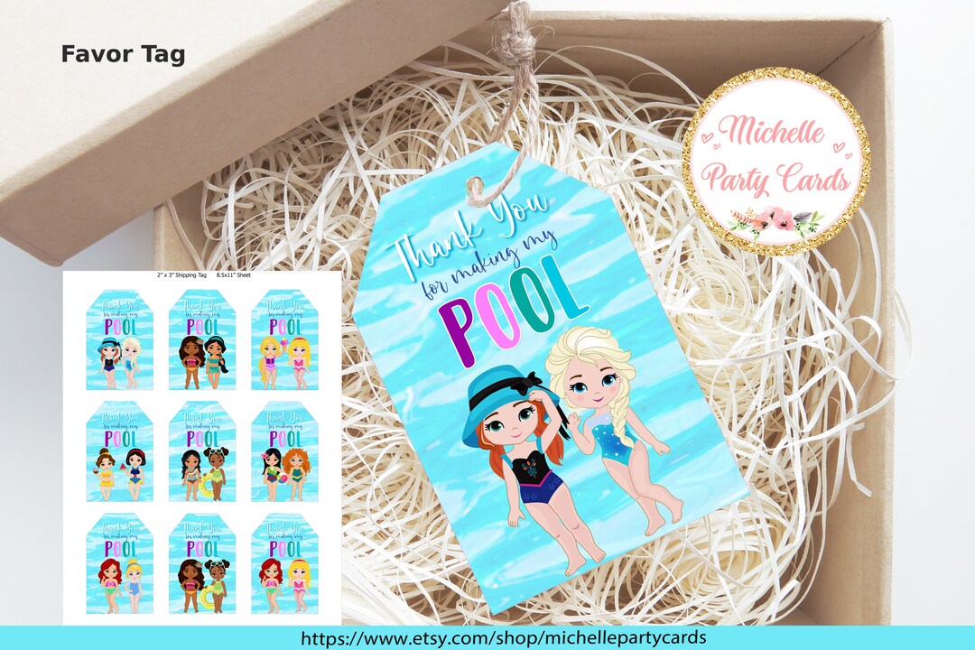 Princess Pool Paty, Favor Tag, Princess Tag, Princess Thank You Tag ...