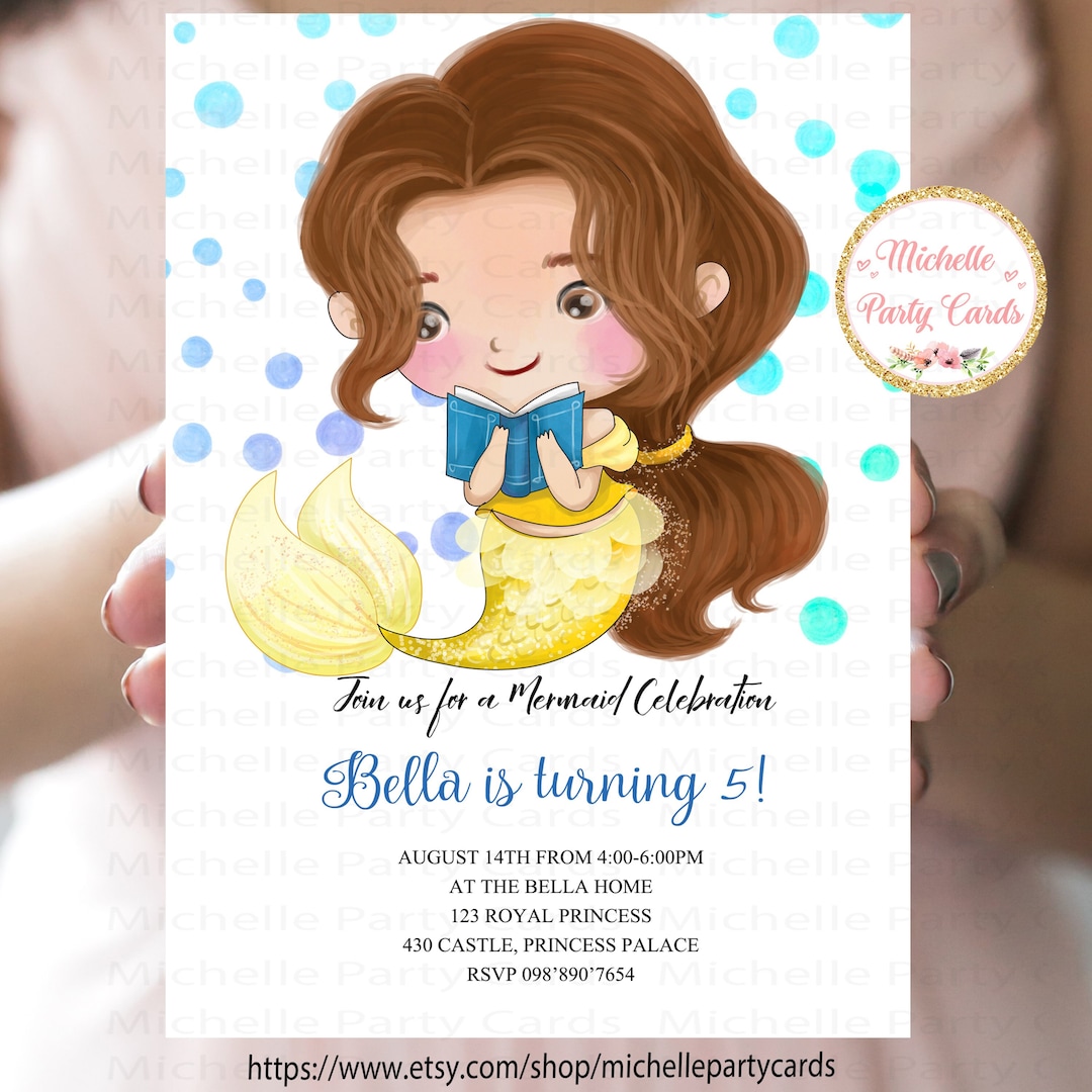 Mermaid Belle Invitation, Princess Belle, Princess Pool Party, Princess ...
